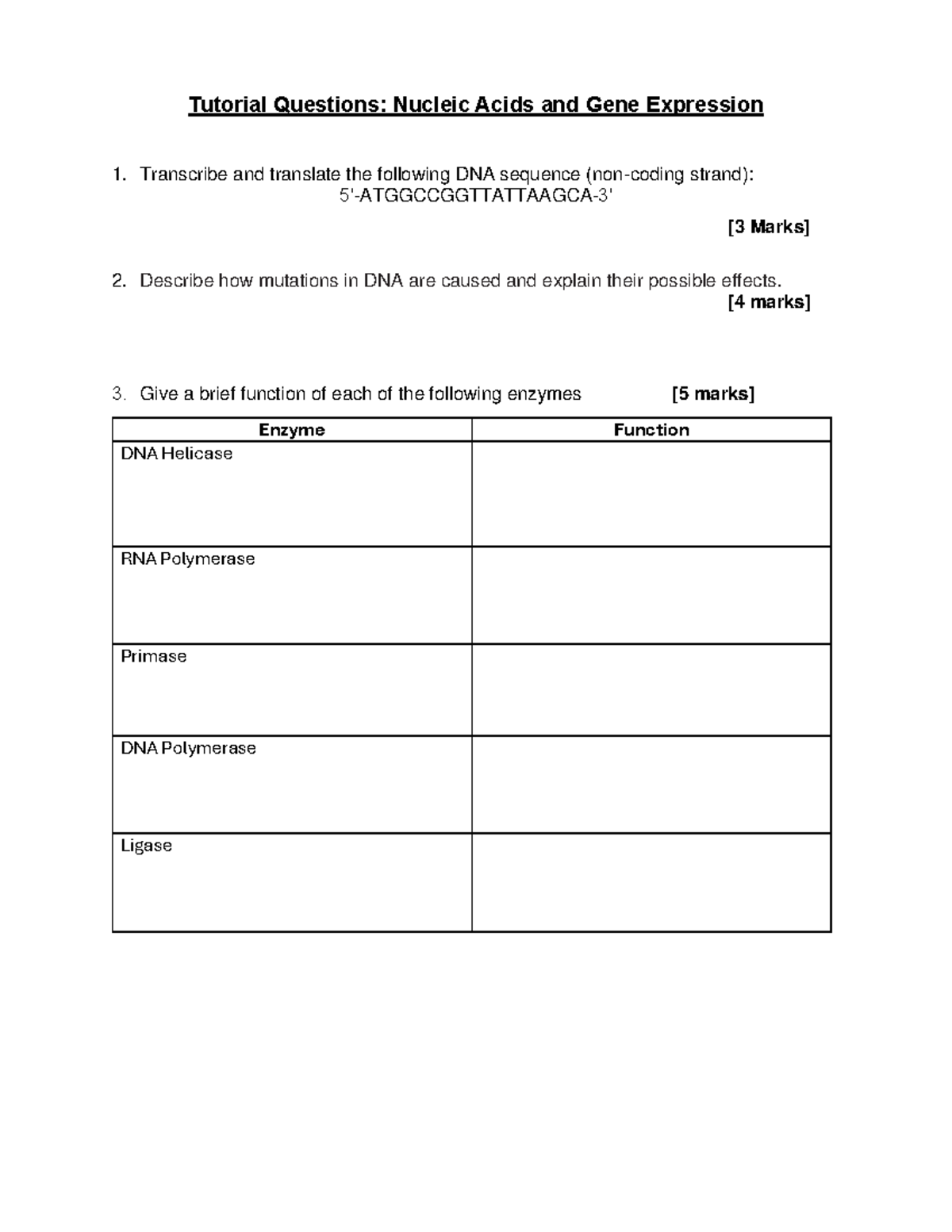 Tutorial Questions: Nucleic Acids & Gene Expression (15 Marks) - Studocu