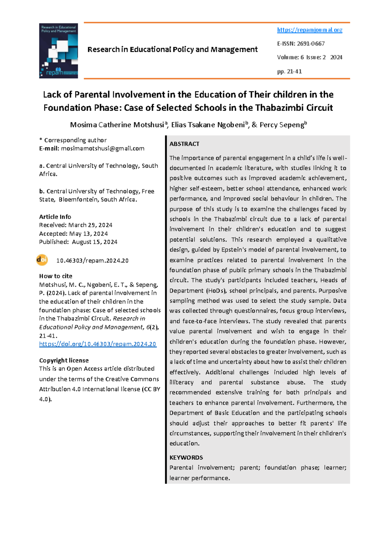 Lack of Parental Involvement in Foundation Phase Education: A Case ...