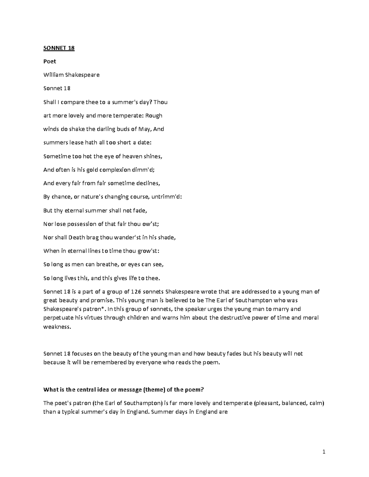 POETRY ANALYSIS: Sonnet 18 by Shakespeare - Detailed Study Notes - Studocu