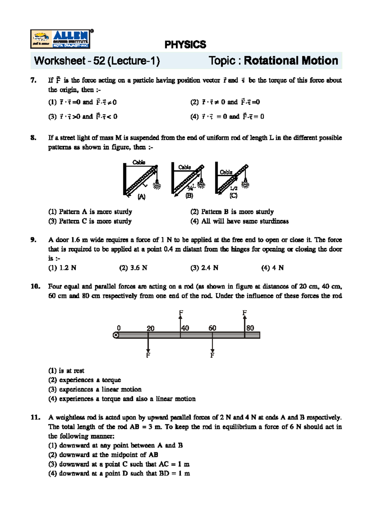 ALLEN PHYSICS Worksheet 52 & 53: Rotational Motion Concepts - Studocu
