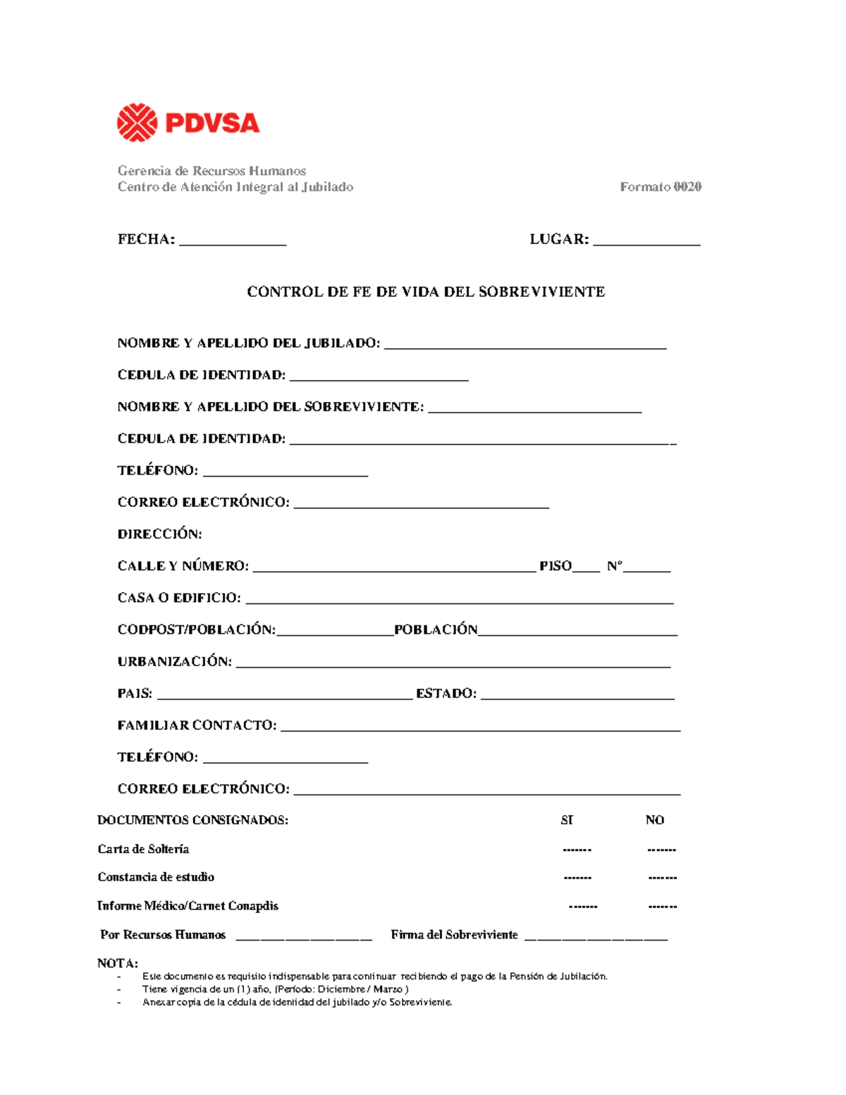 Formato de Control de Fe de Vida del Sobreviviente - 0020 - Studocu