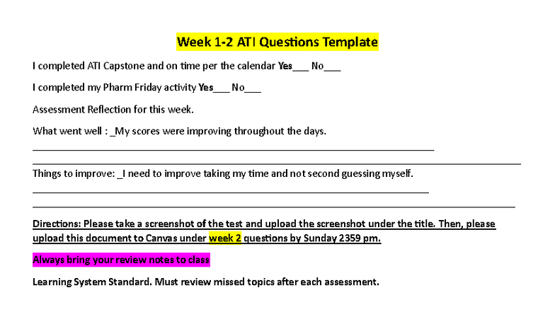 Week 1-2 ATI Questions Template: Reflection & Improvement Plan - Studocu