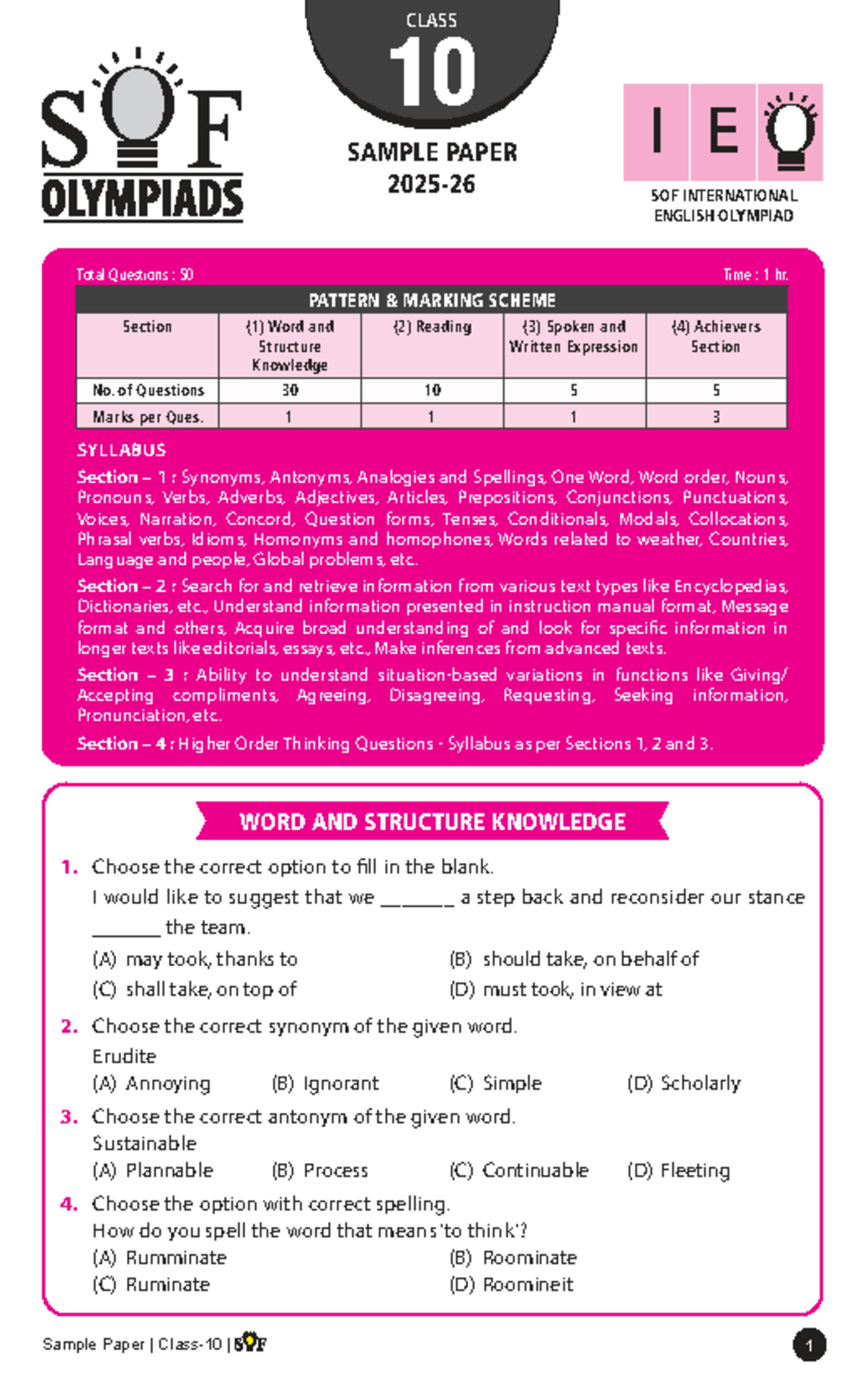 CLASS 10 SOF International English Olympiad Sample Paper 2025-26 - Studocu