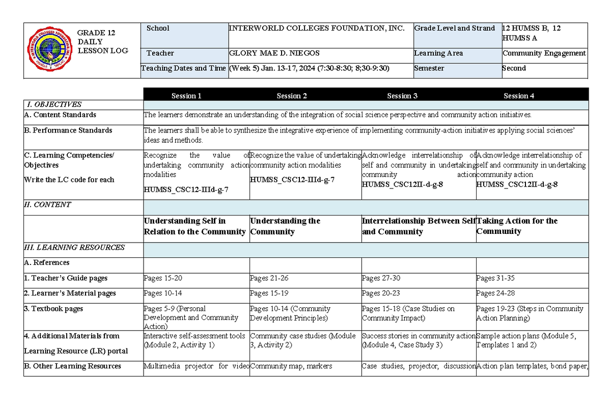 WEEK 5 - GRADE 12 HUMSS DAILY LESSON LOG (2nd Sem) - Studocu