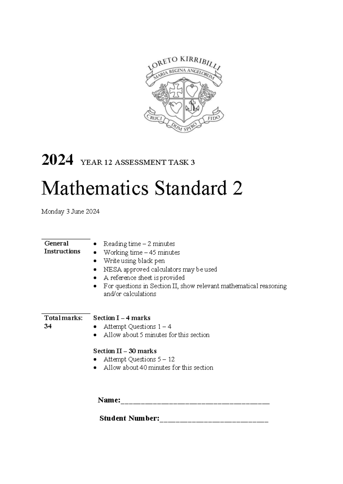 2024 Year 12 Mathematics Standard 2 Assessment Task 3 - Studocu