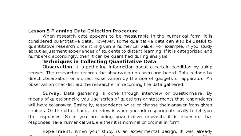 Lesson 5 PR2: Planning Quantitative Data Collection Techniques - Studocu