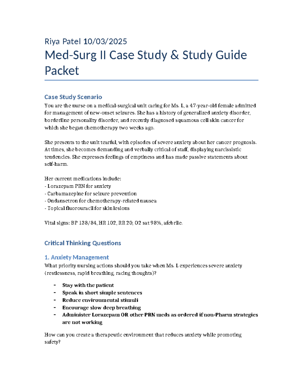 Riya Patel II Case Study Study Guide: Managing Anxiety & Chemotherapy ...