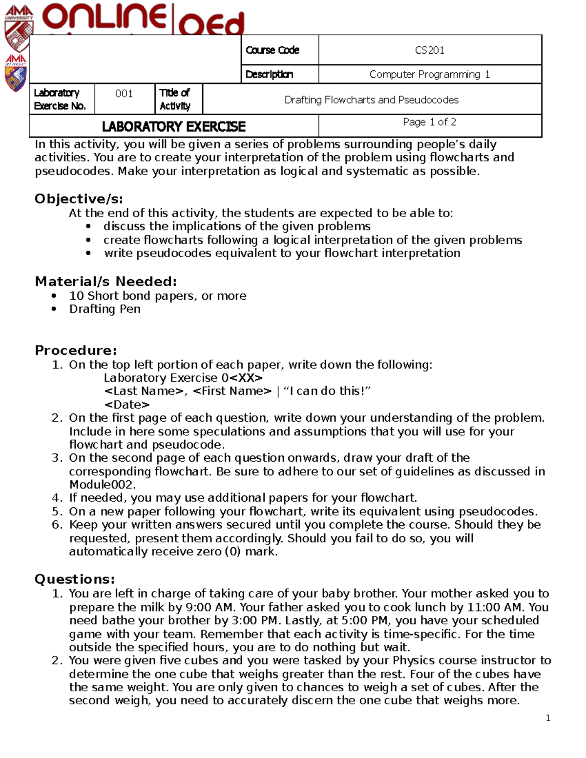 Week002-Lab1-Problem Solving Through Flowcharts-Edited - In this ...
