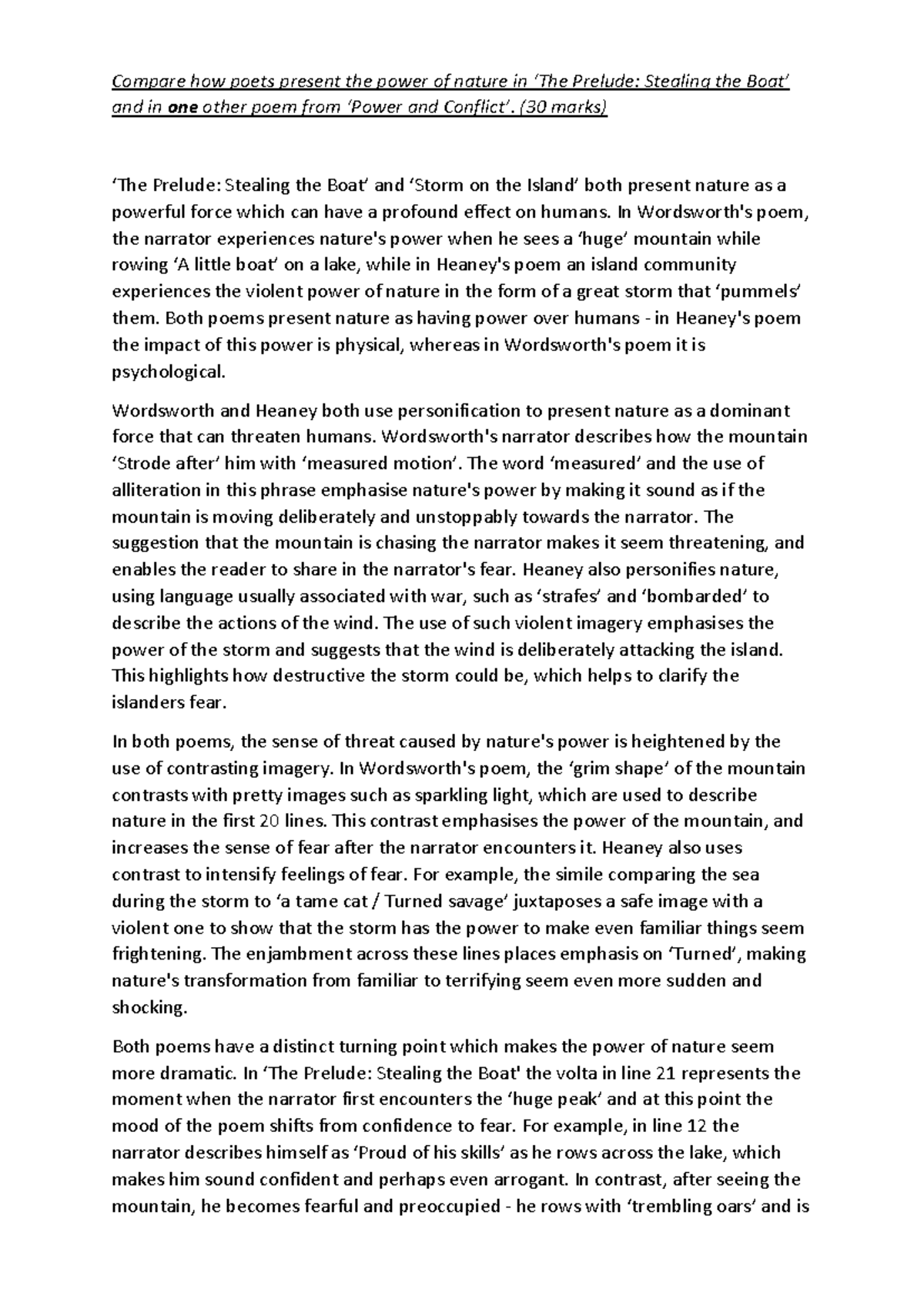 Grade 9 Essay: Nature's Power in Prelude & Storm on the Island - Studocu
