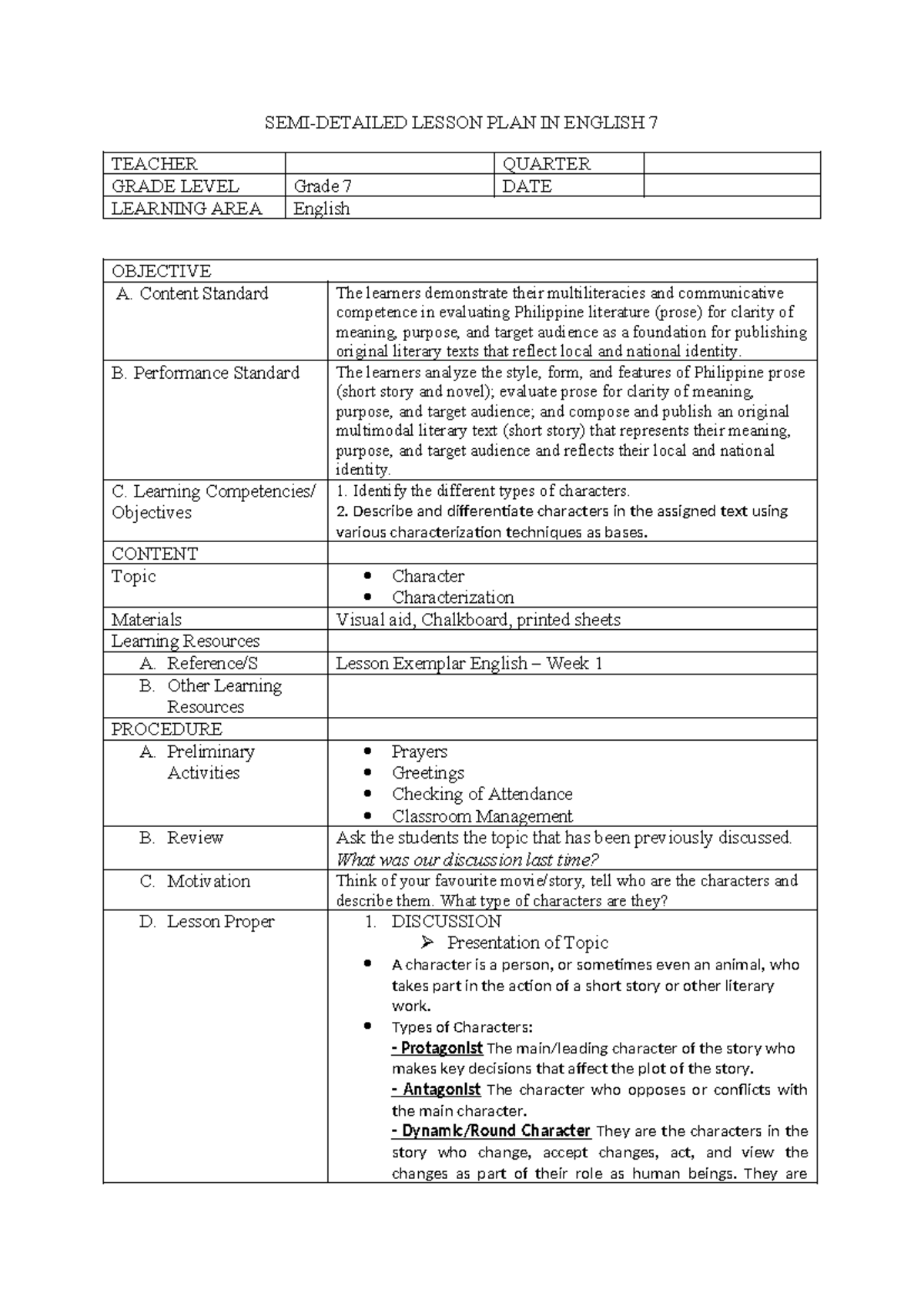 Lesson Plan for Grade 7 English: Understanding Characters and ...