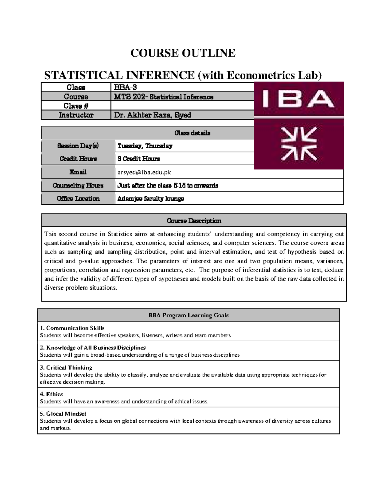 Revised Course Outline for MTS 202 - Statistical Inference with ...