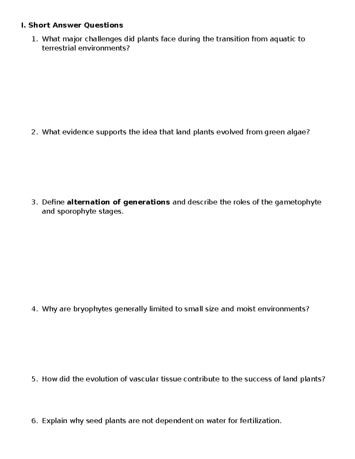 Review Sheet: Short Answer & Labeling Questions for Bio 101 Lectures 1 ...
