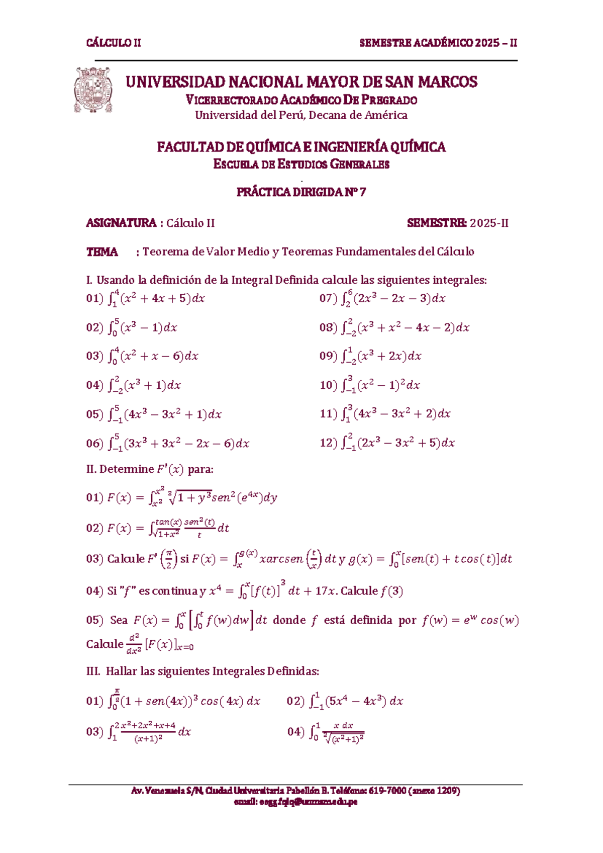 Cálculo II - Práctica Dirigida 7: Teoremas Fundamentales y Valor Medio ...