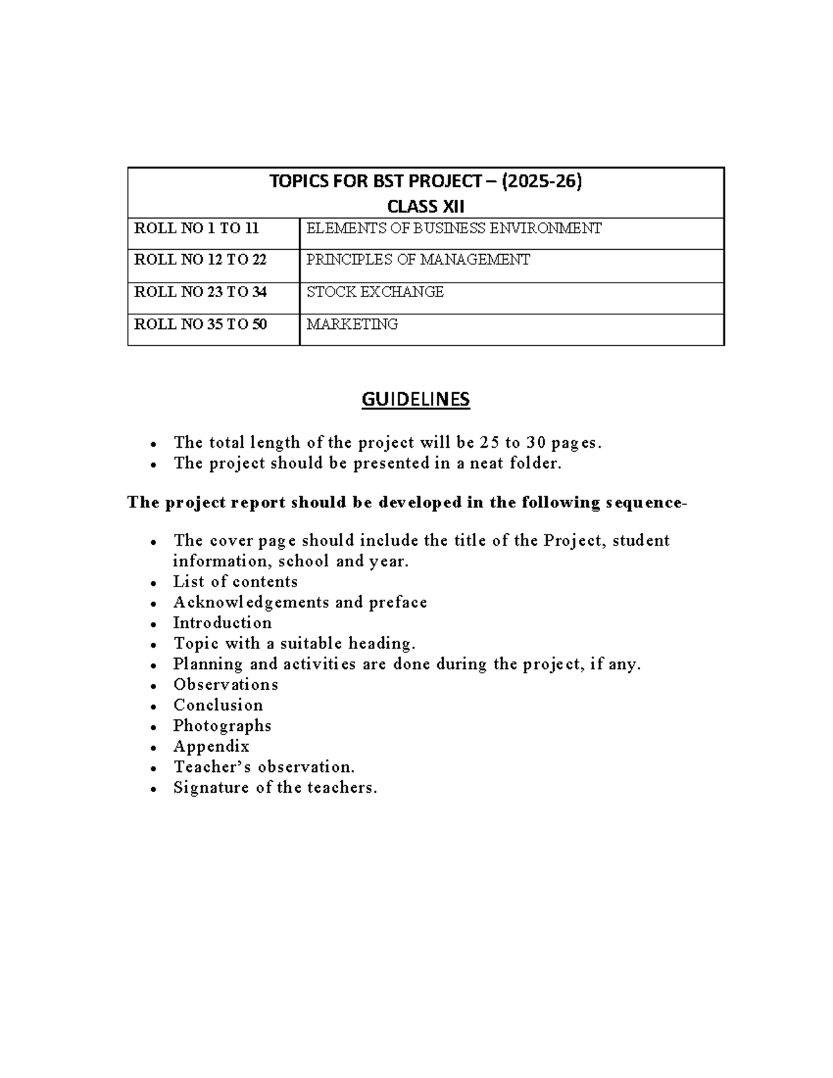 BST Project Topics & Guidelines for Class XII Students - Studocu