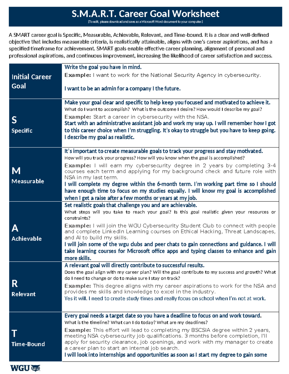 WGU S.M.A.R.T. Career Goal Worksheet for Bachelor's Degree Aspirants ...