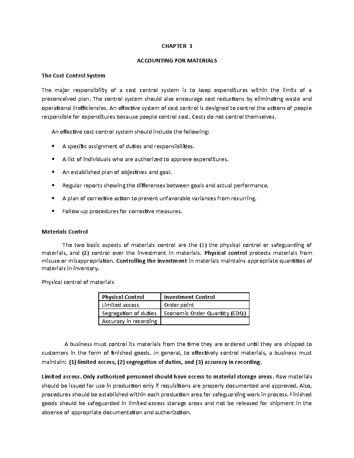 Notes on Accounting for Materials: Cost Control & Inventory Mgmt (Acctg ...