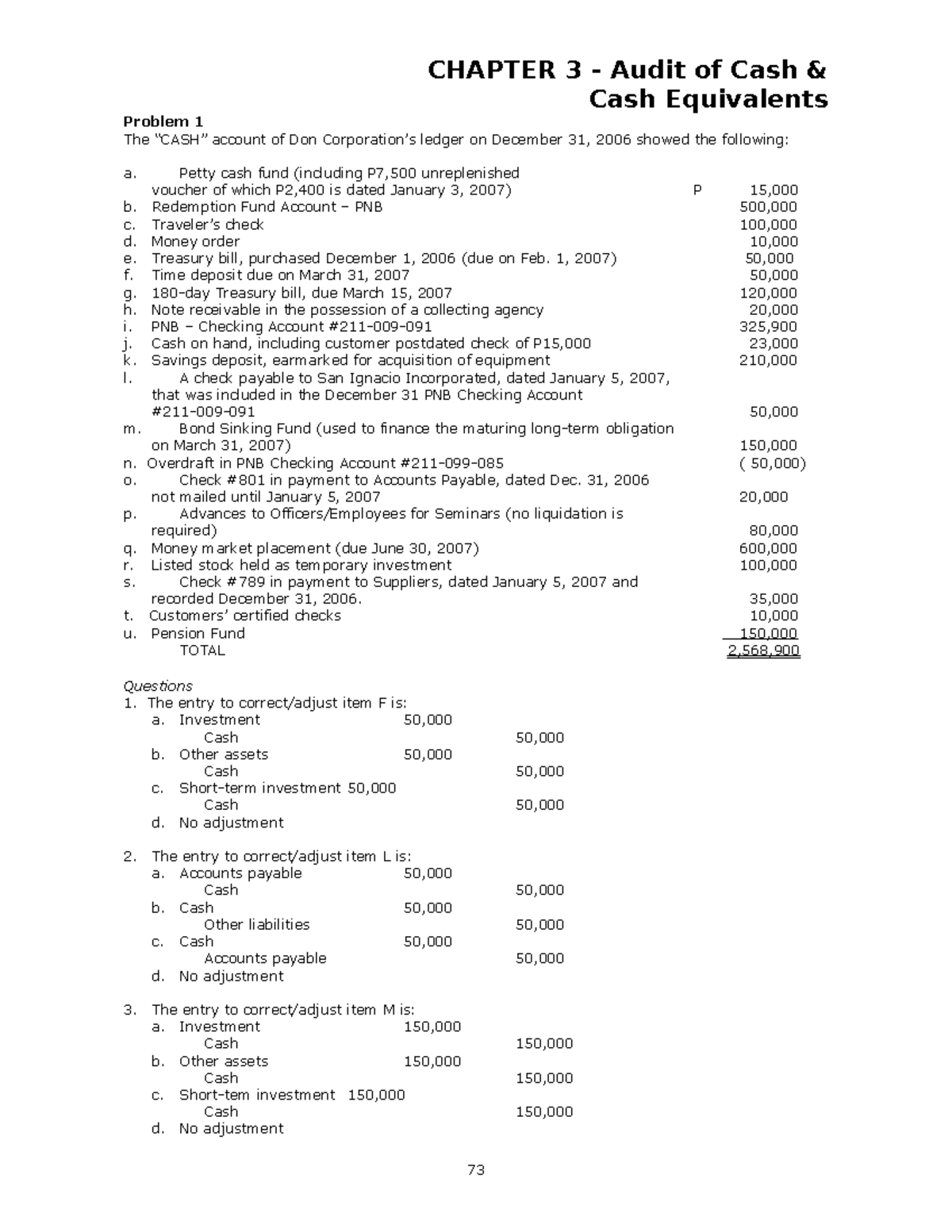 Auditing Theory - CHAPTER 3 - Audit of Cash & Cash Equivalents Problem ...
