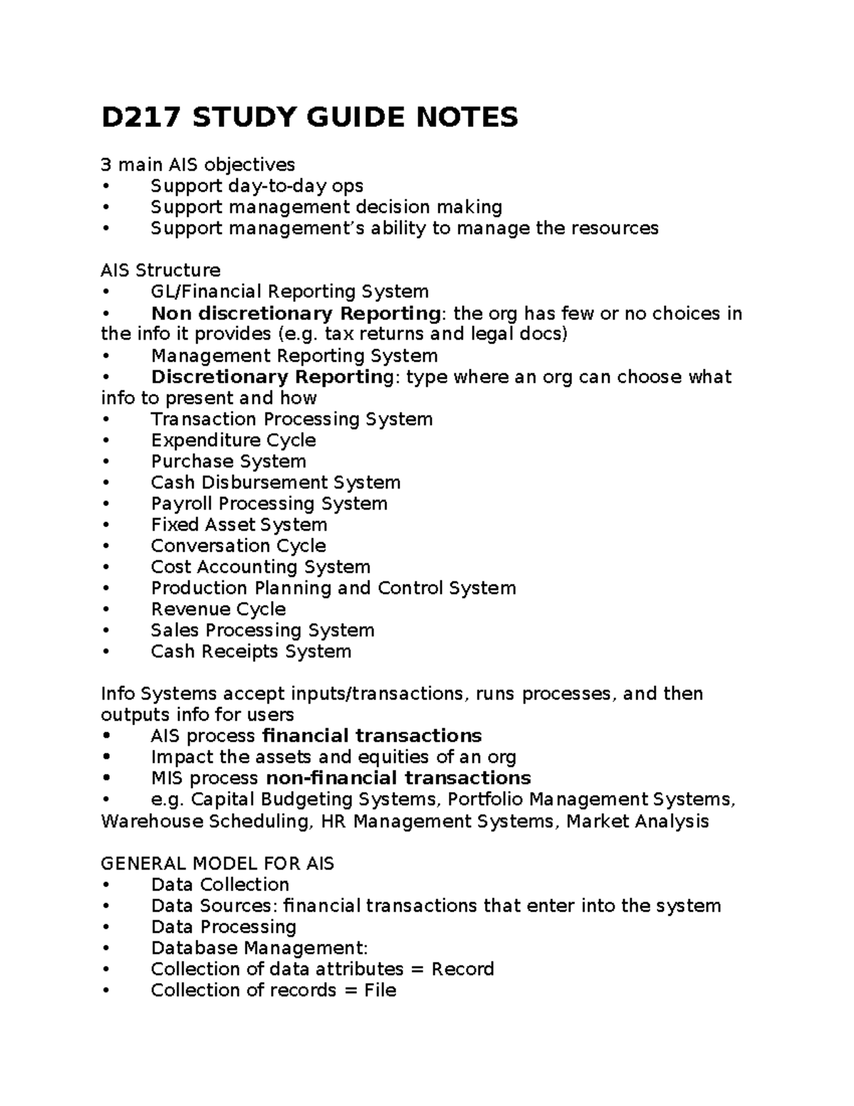 D217 Study Guide: Key Concepts in Accounting Information Systems - Studocu