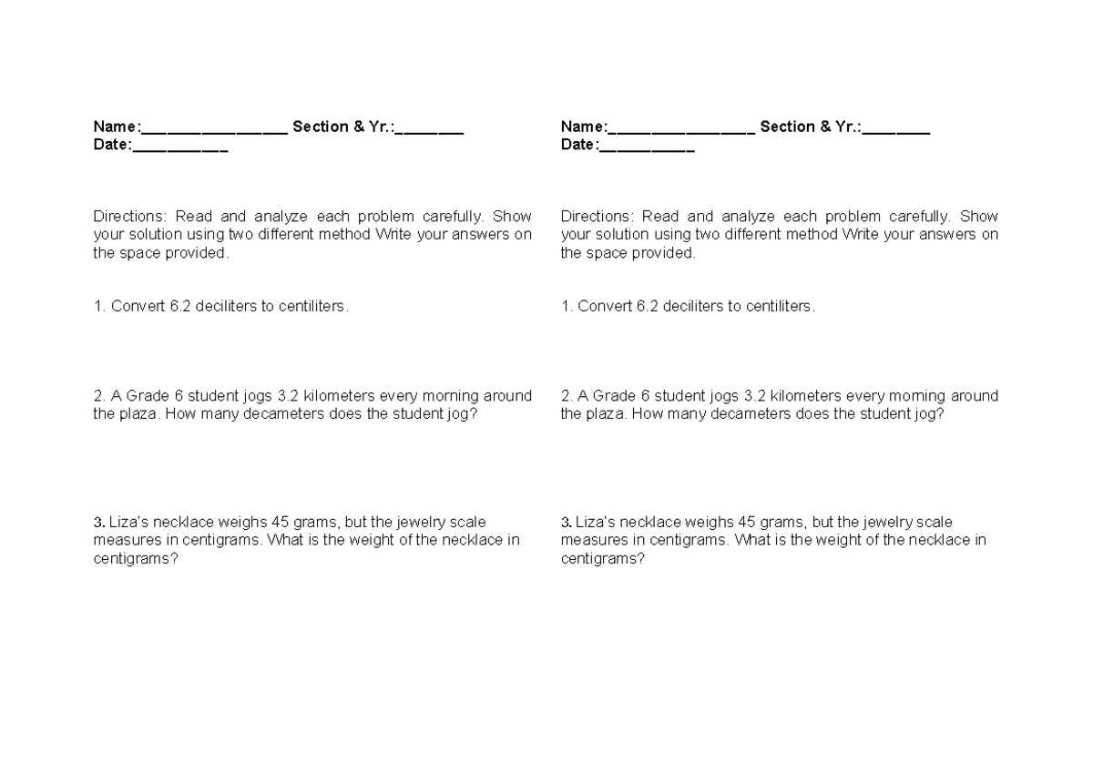 Worksheet - Grade 6 Measurement Conversion Problems - Studocu