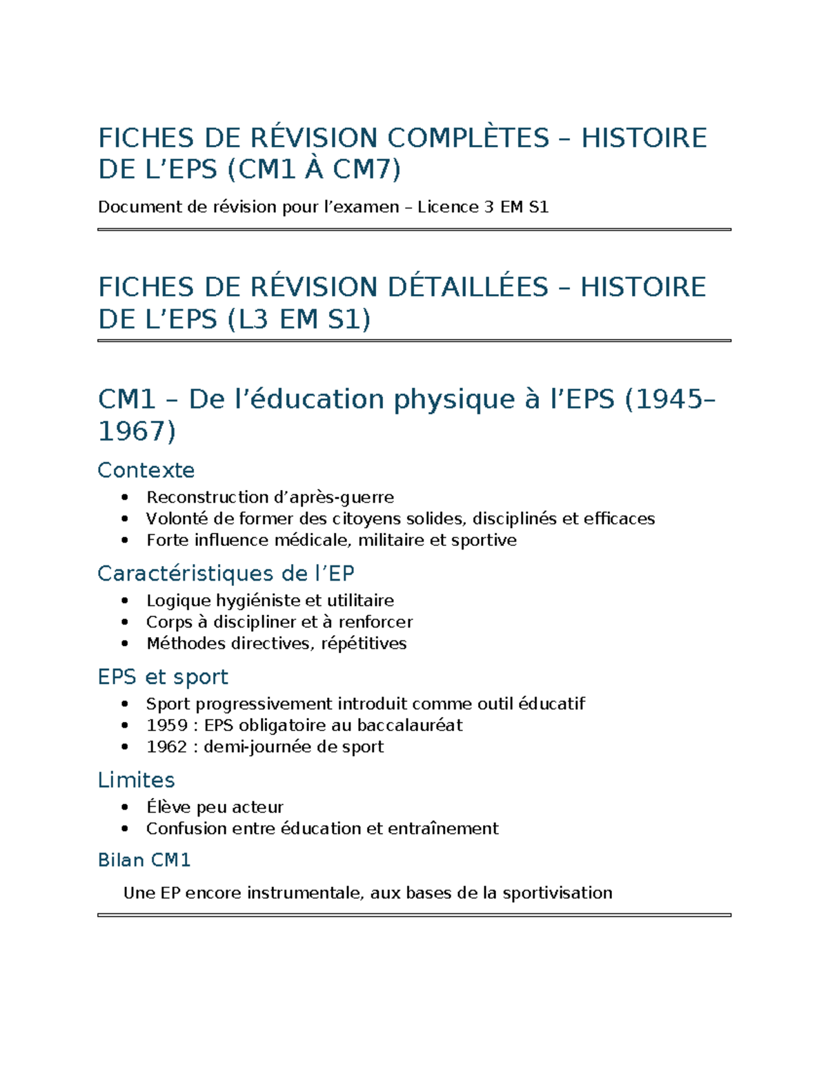 Fiches de Révision Complètes - Histoire de l'EPS (L3 EM S1) - Studocu