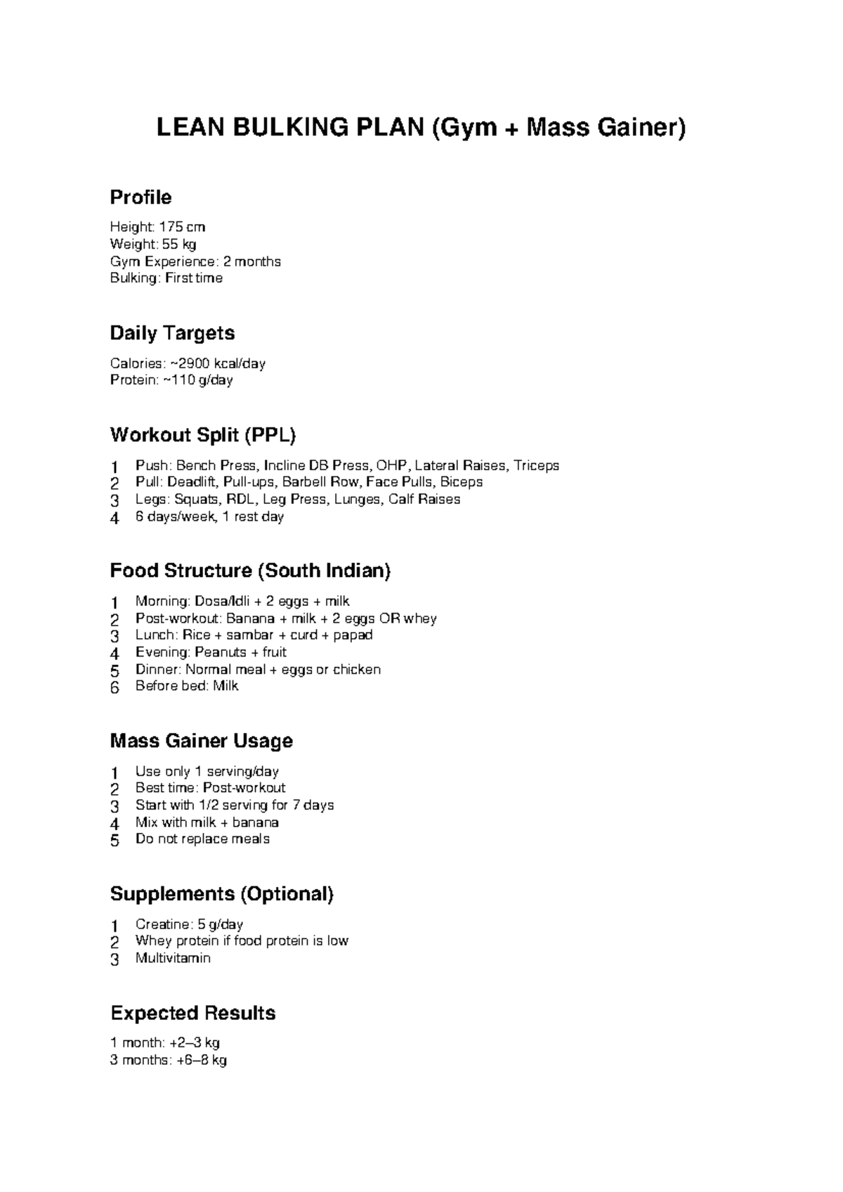 LEAN BULKING PLAN (Gym Mass Gainer) for 175cm, 55kg Profile - Studocu