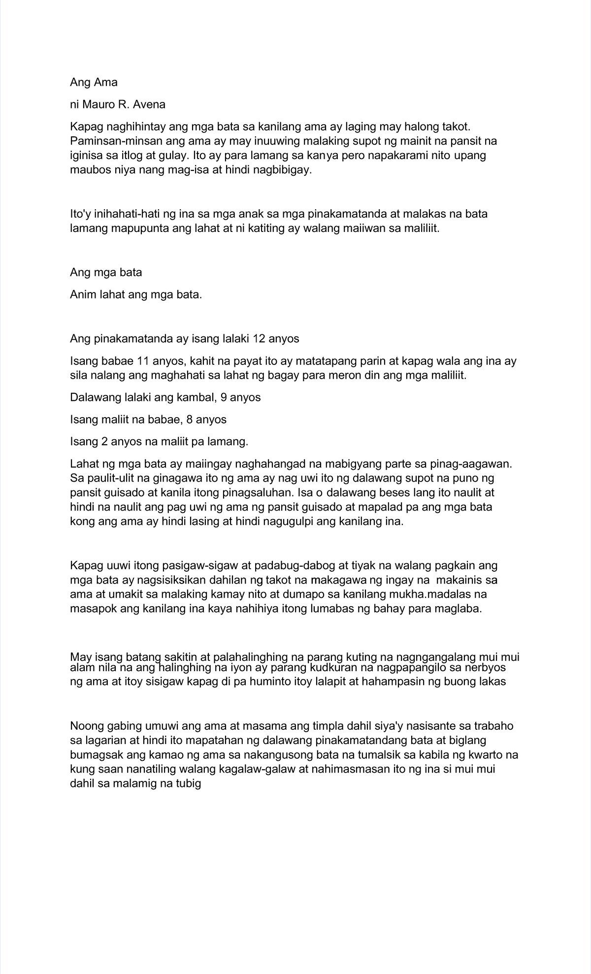 Buod ng "Ang Ama" ni Mauro R. Avena - Pagsusuri at Tema - Studocu