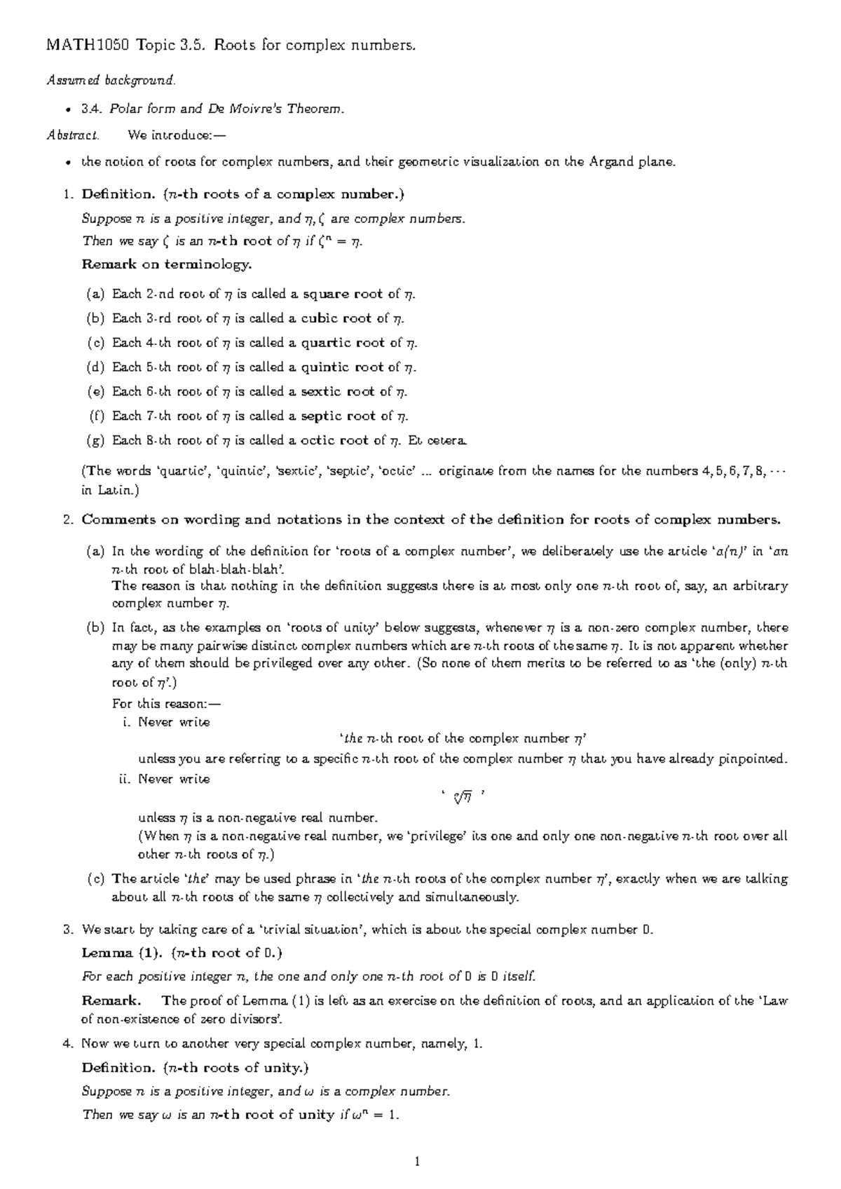 MATH1050 Final Exam Notes: Roots of Complex Numbers and Polar Form ...