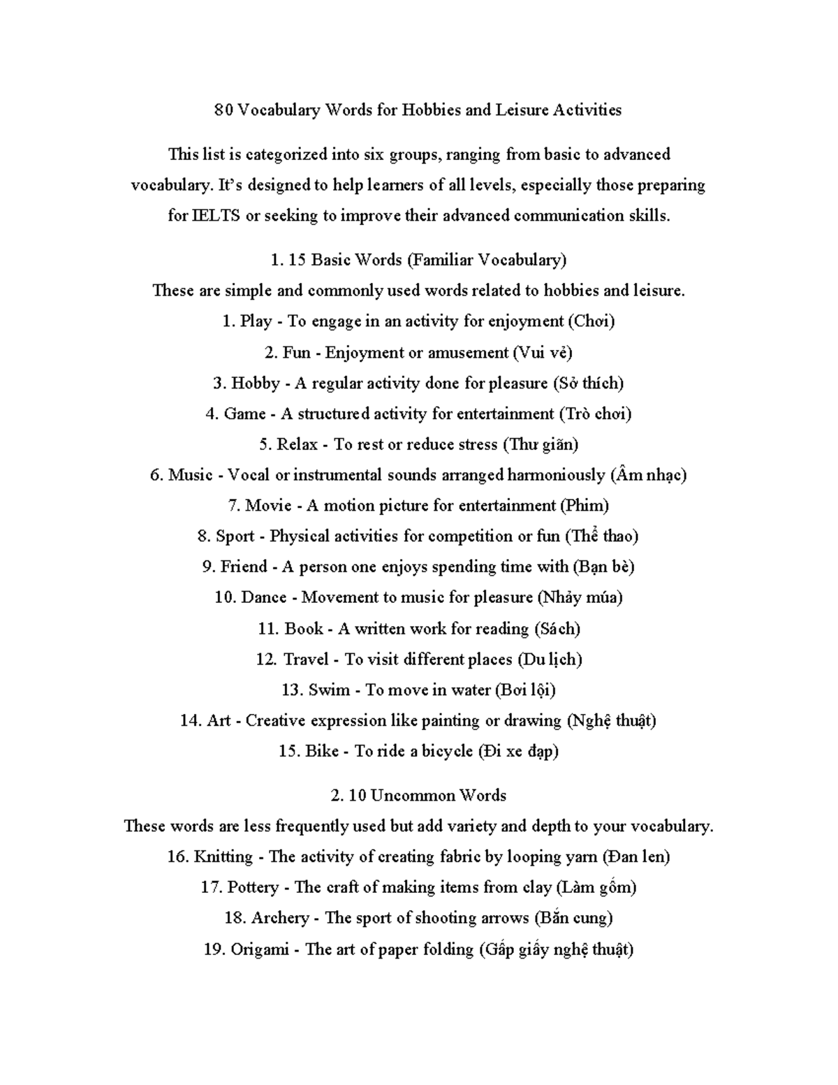 Hobbies and Leisure Activities Vocabulary - 80 Vocabulary Words for ...