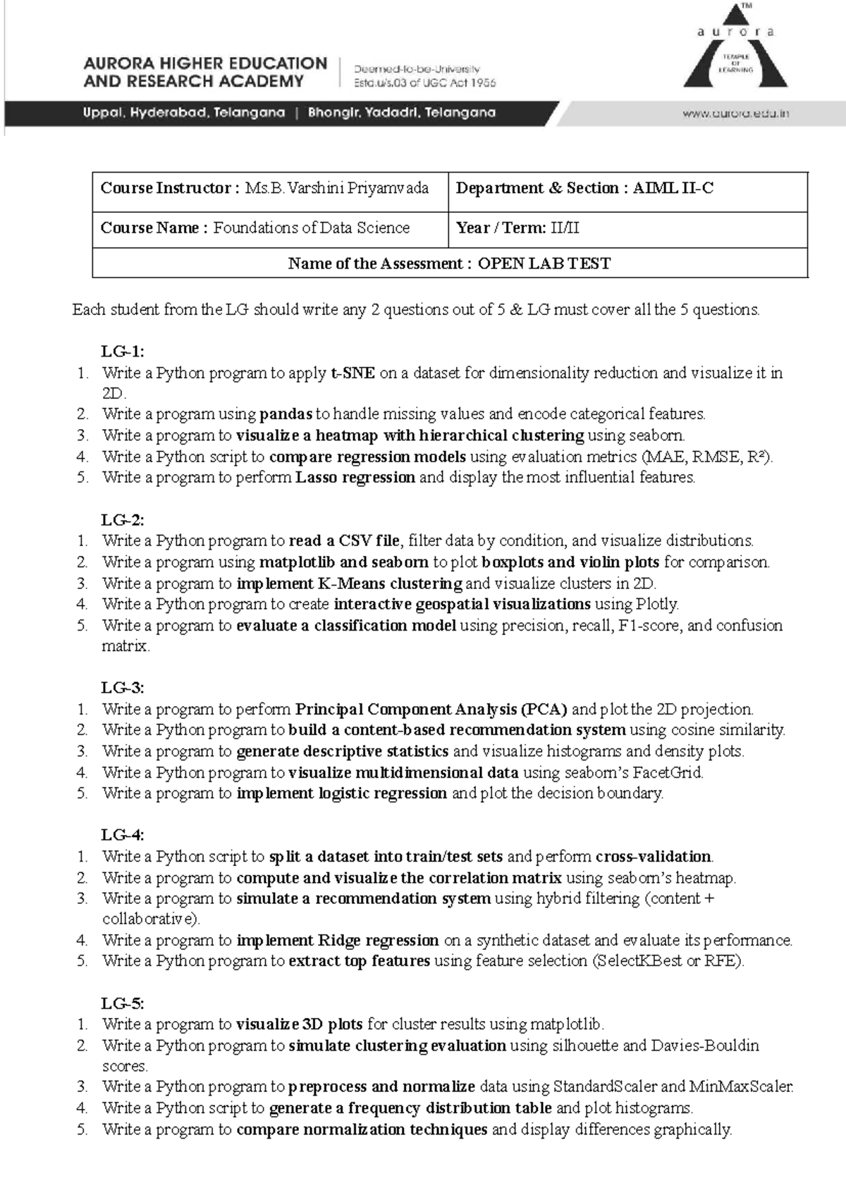 Foundations of Data Science (AIML) - Open Lab Test Guide - Studocu