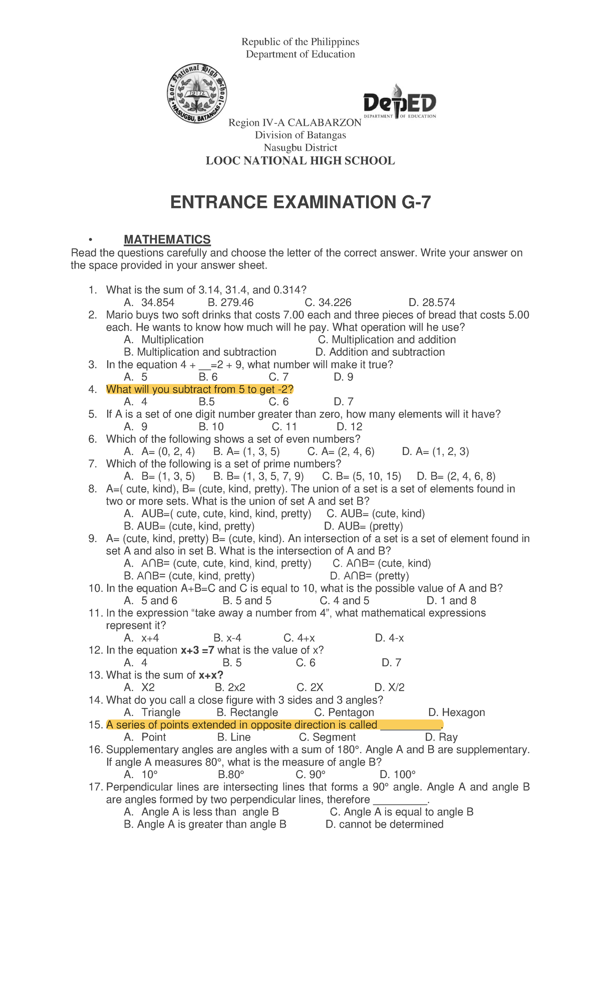 Practice Quiz for High School Entrance Exam - Mathematics & Science ...