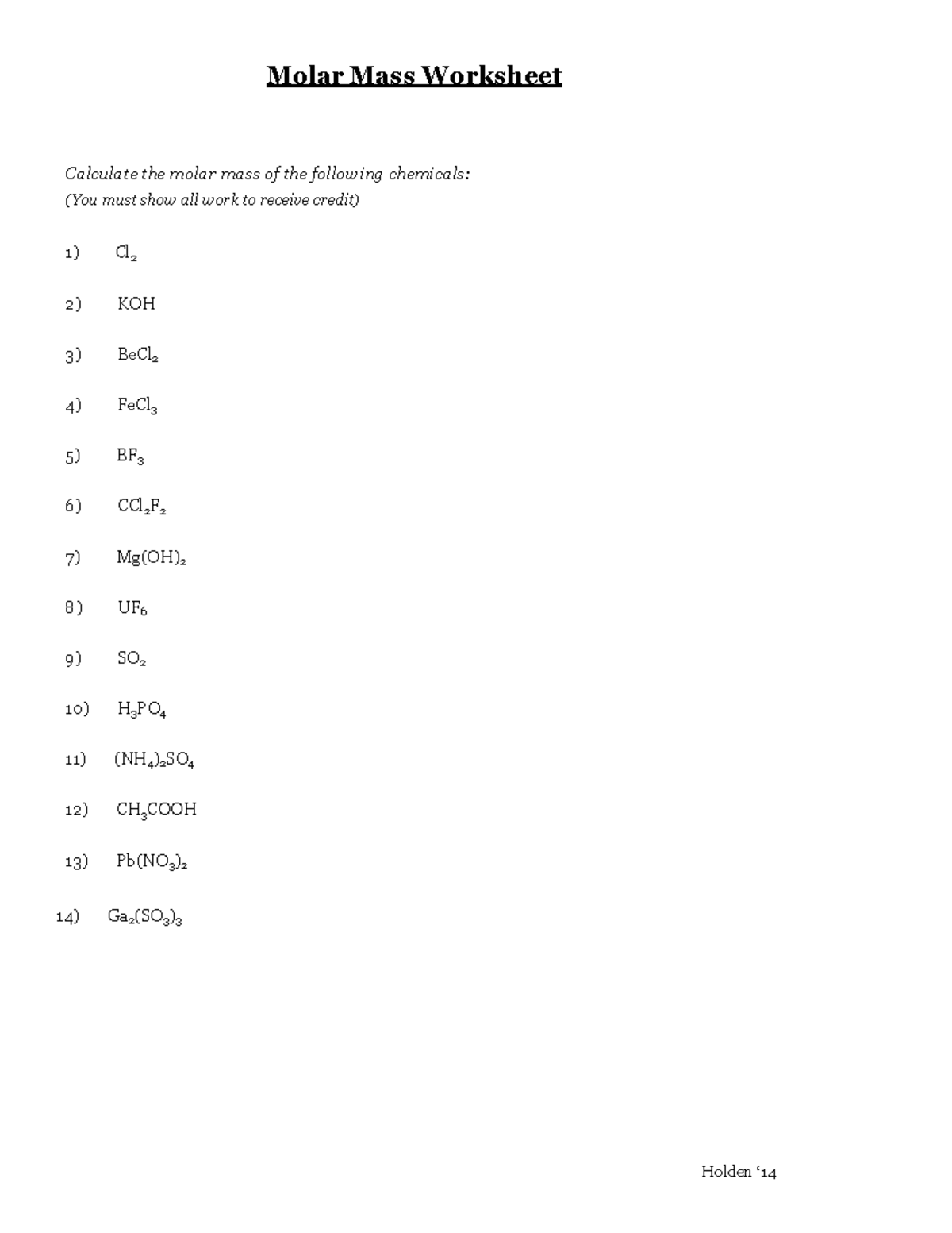 Molar Mass & Gram to Mole Worksheet (Chemistry 101) - Studocu