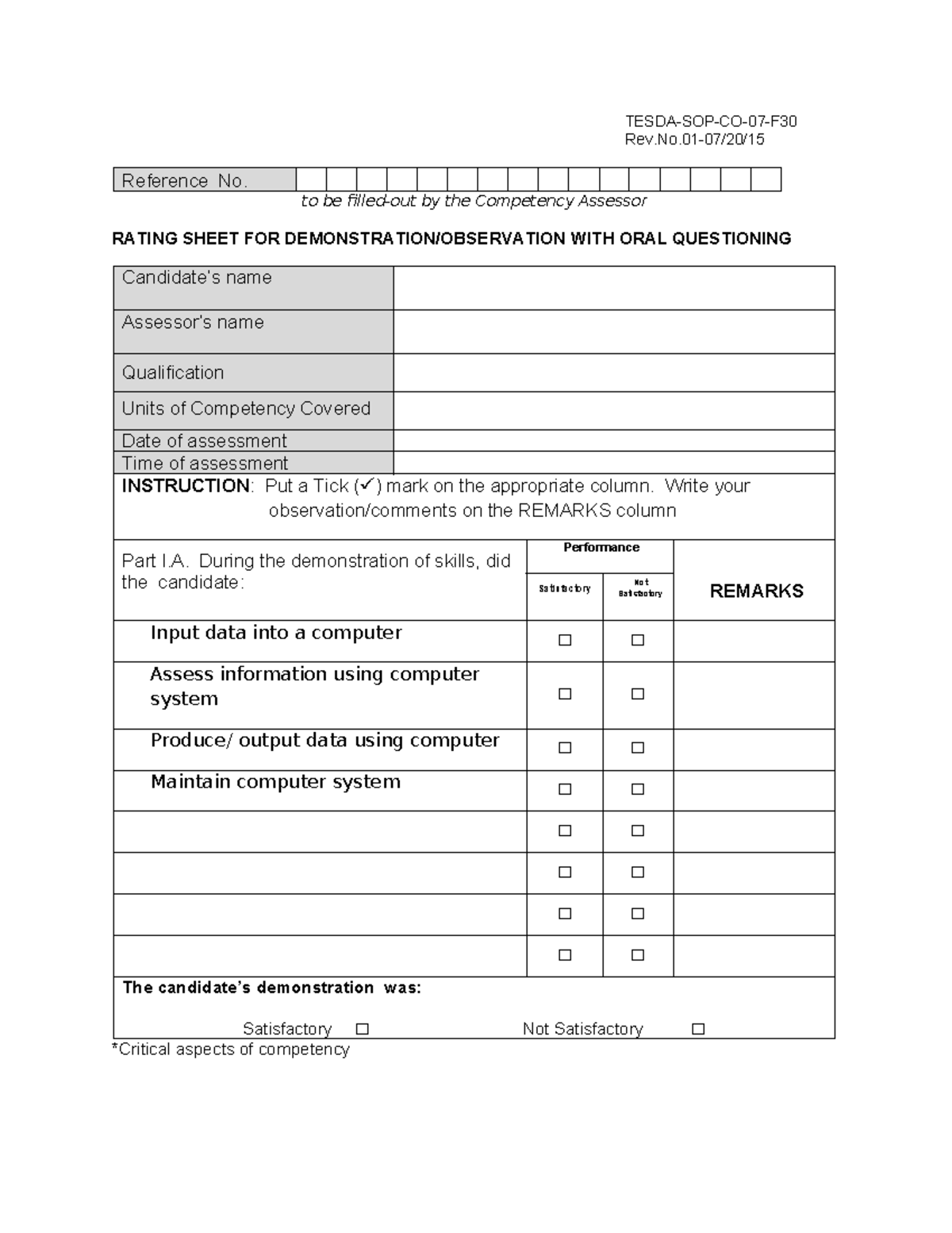 Rating Sheet for Demonstation Observation - TESDA-SOP-CO-07-F Rev.No-07 ...