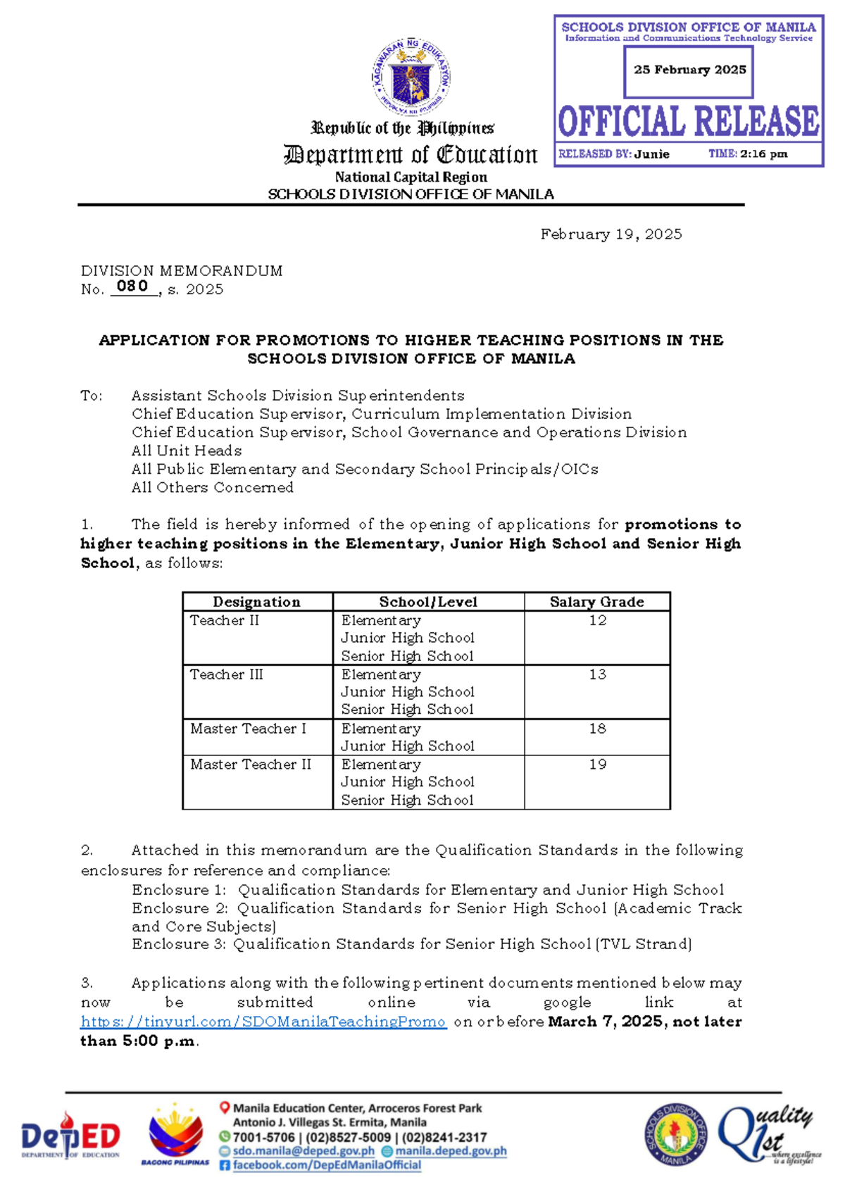 DM-080-s - Teacher Promotion Application Checklist and Guidelines - Studocu