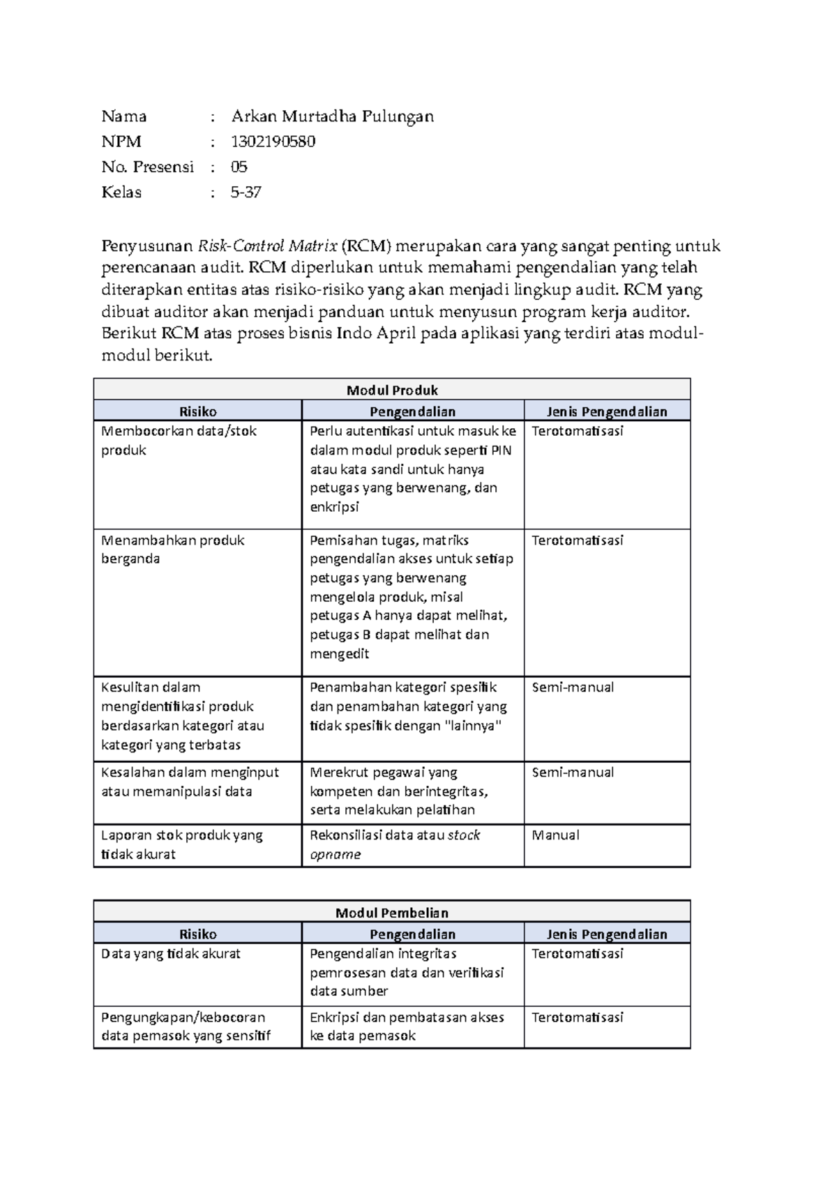 Risk Control Matrix (RCM) - Contoh untuk Audit Proses Bisnis - Studocu