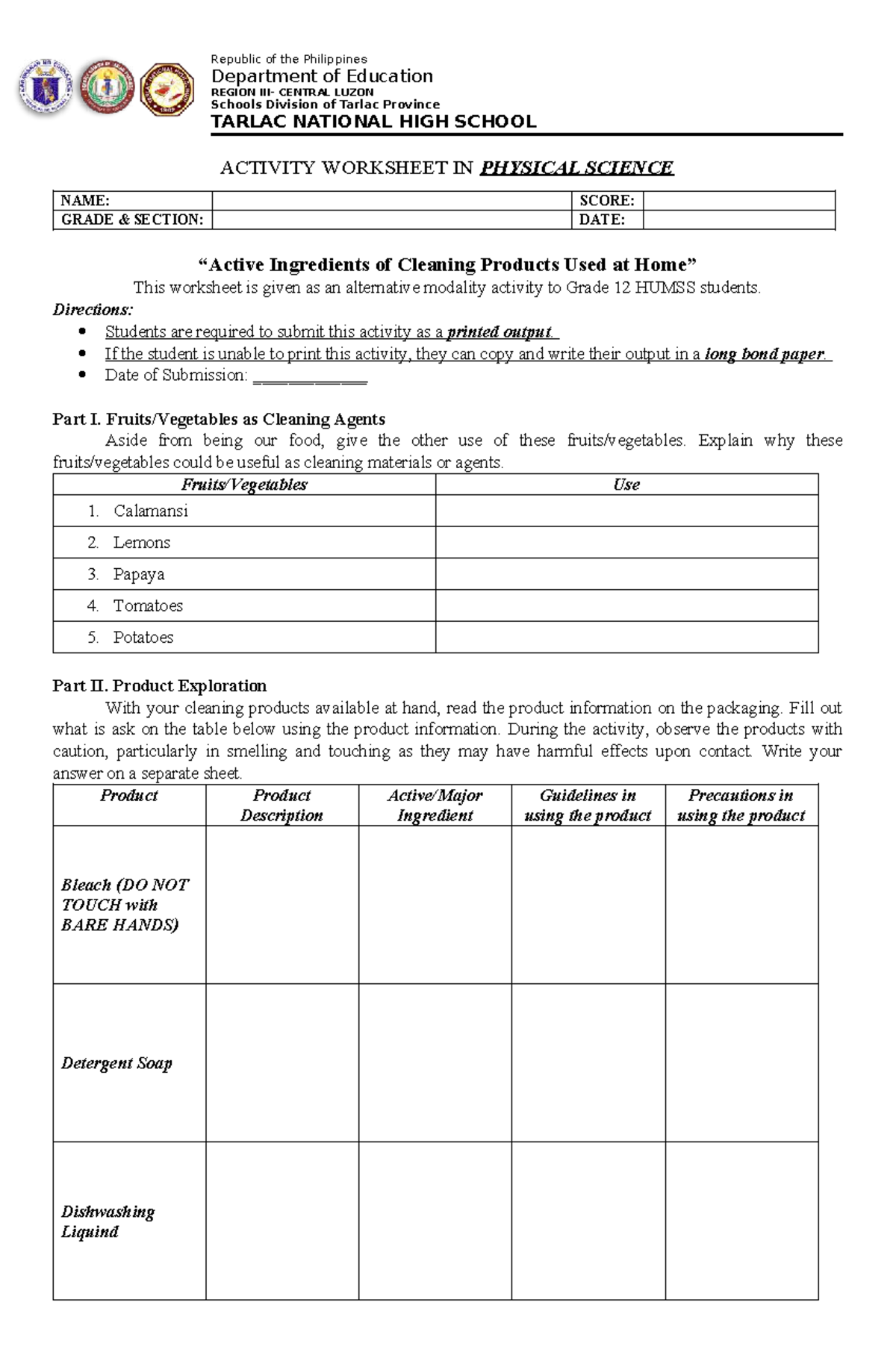Activity Worksheet in Physical Science: Cleaning Products Exploration ...