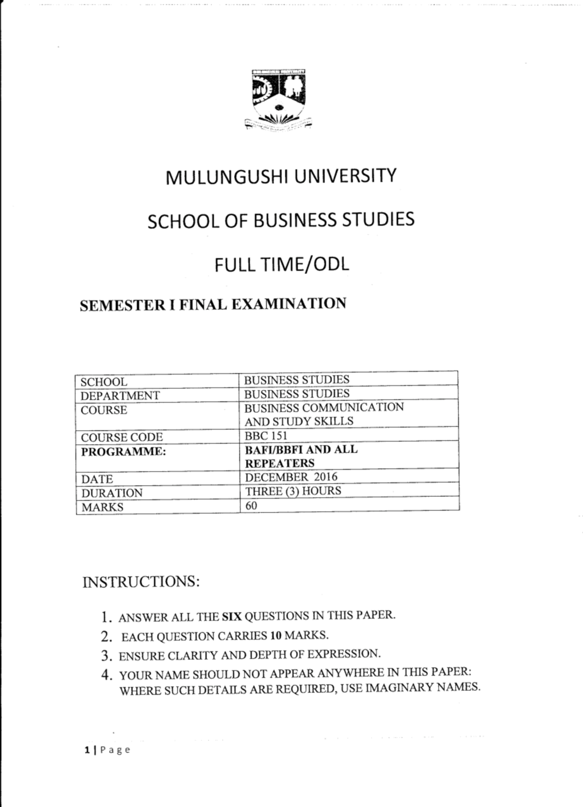 BBC 151 December 2016 Final Exam: Business Communication & Study Skills ...