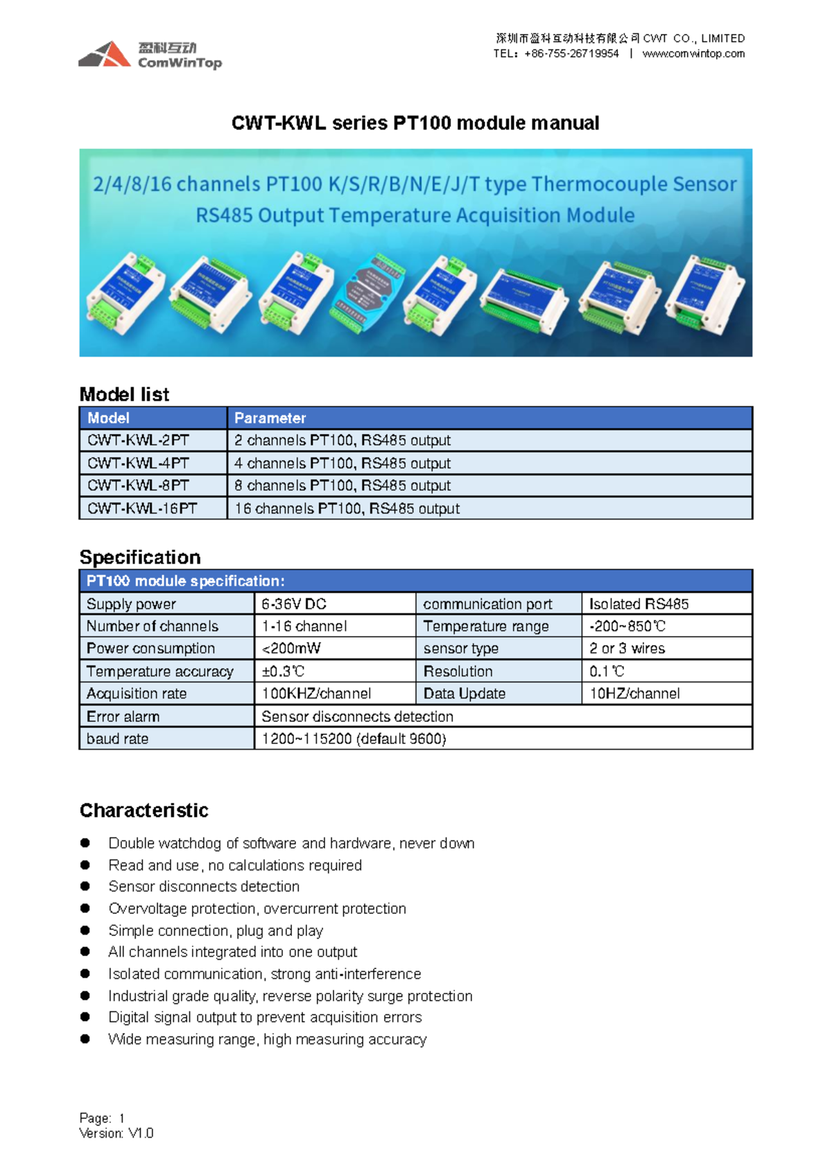 CWT-KWL Series PT100 Module Manual: Specifications & Usage Guide - Studocu