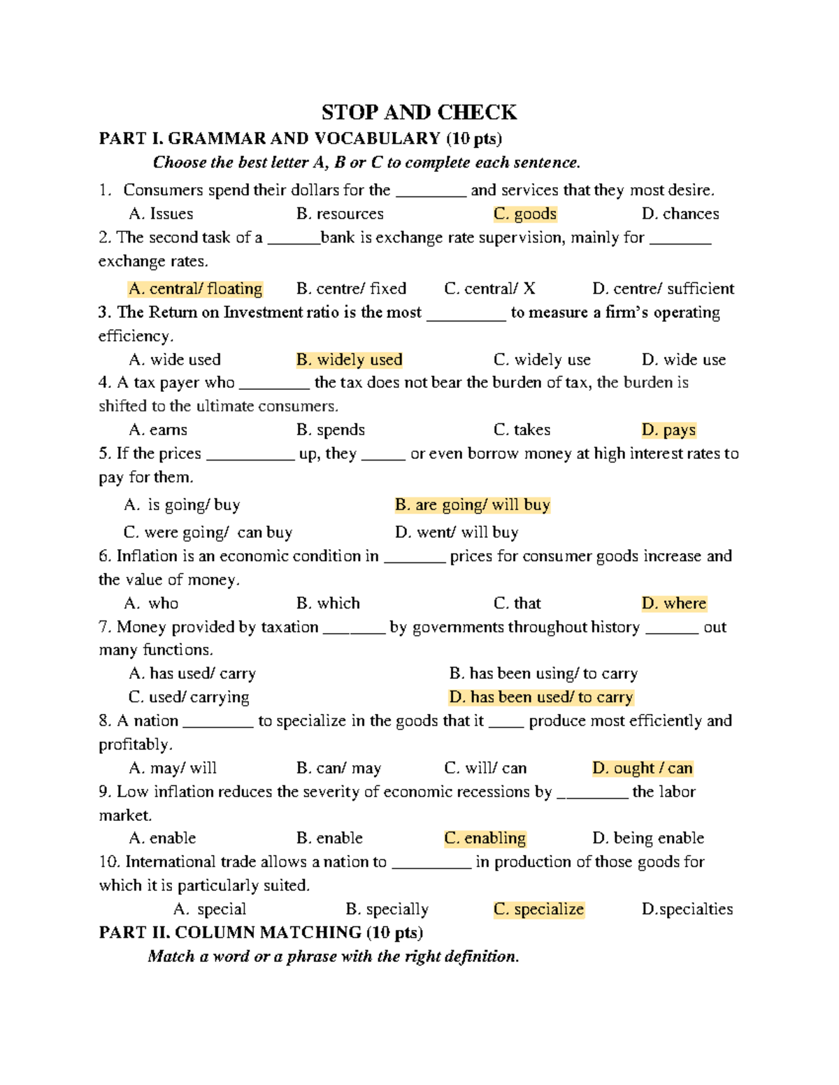 STOP AND CHECK PART I: GRAMMAR & VOCABULARY EXERCISES (10 pts) - Studocu