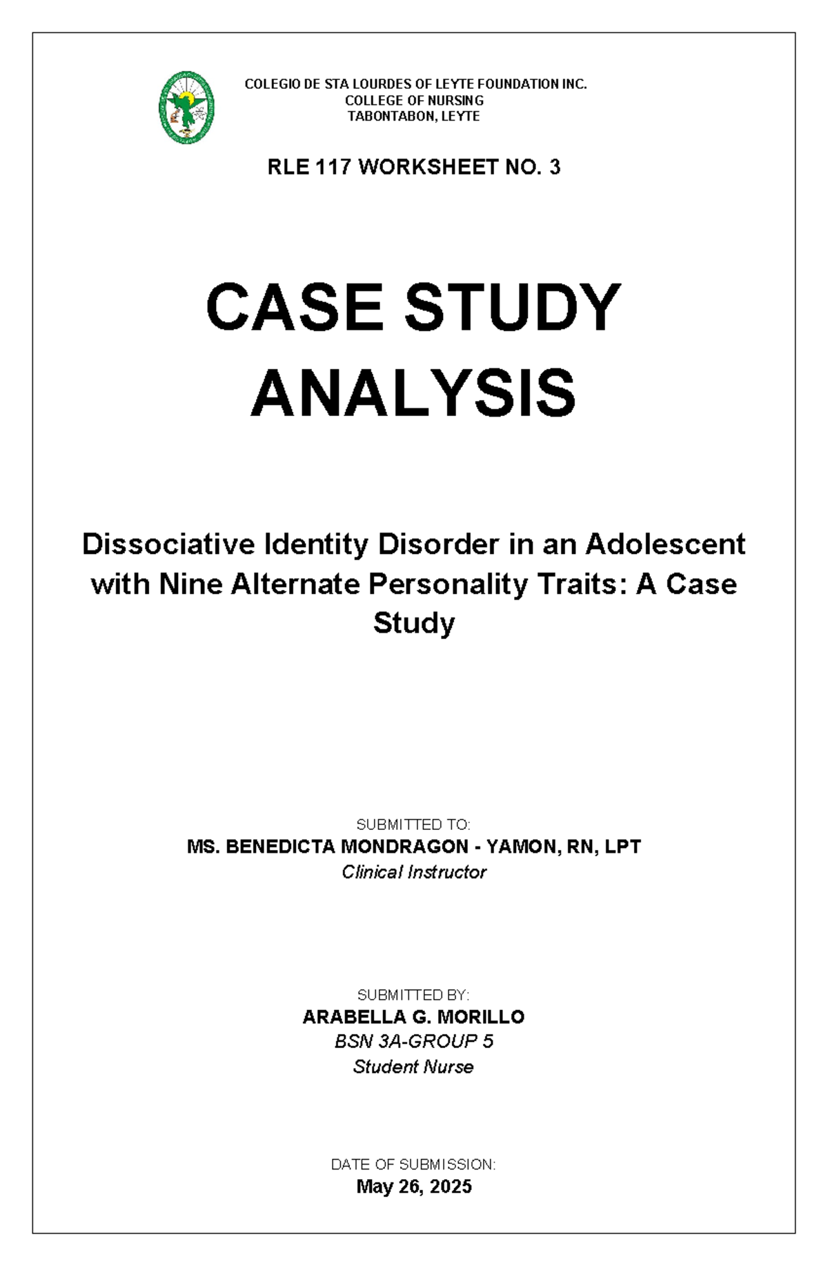 RLE 117 Case Study Analysis: Dissociative Identity Disorder in ...