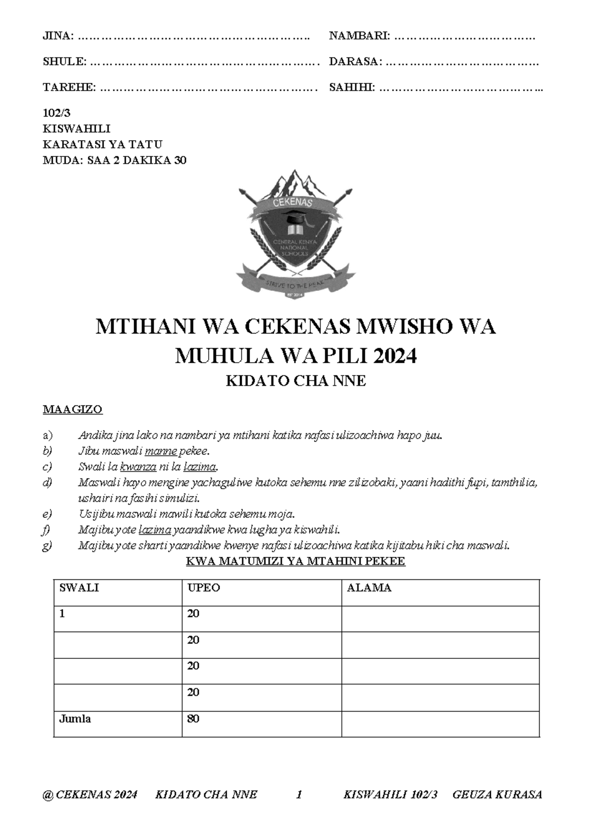 Kiswahili-PP3-Mtihani wa Cekenas Mwisho wa Muhula wa Pili 2024 - Studocu