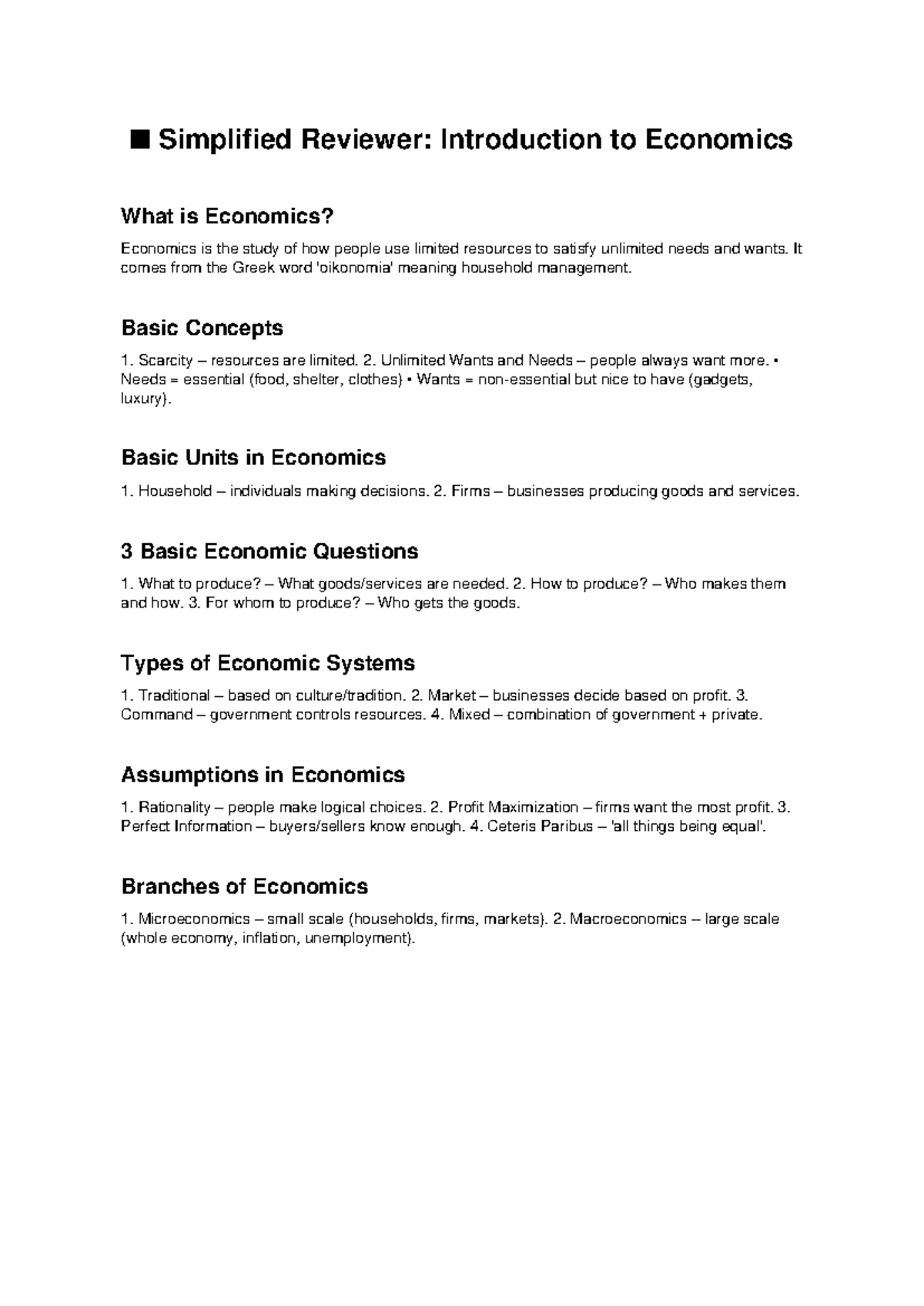 ECO 101: Simplified Reviewer on Basic Economic Concepts - Studocu