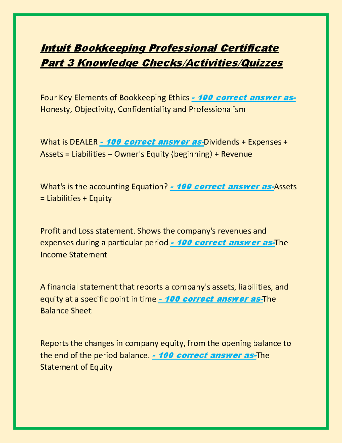 Intuit Bookkeeping Professional Certificate Part 3 Knowledge Checks ...