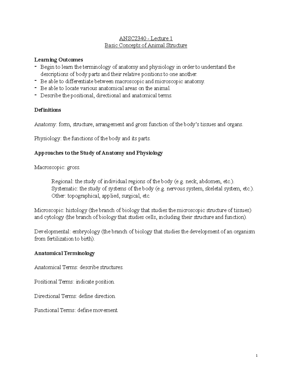 ANSC2340 Lecture 1: Intro to Animal Anatomy & Physiology Concepts - Studocu