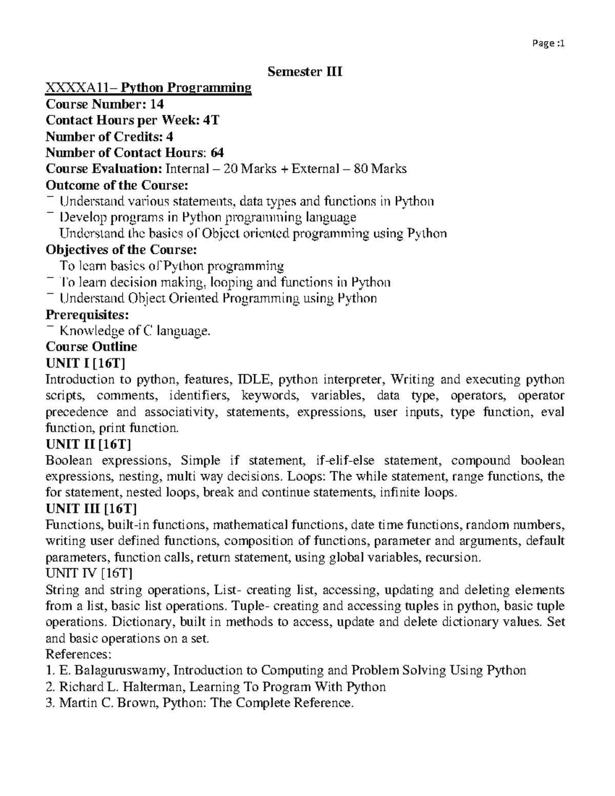 Python Module I Final - Semester III XXXXA11 – Python Programming Course Number: 14 Contact ...