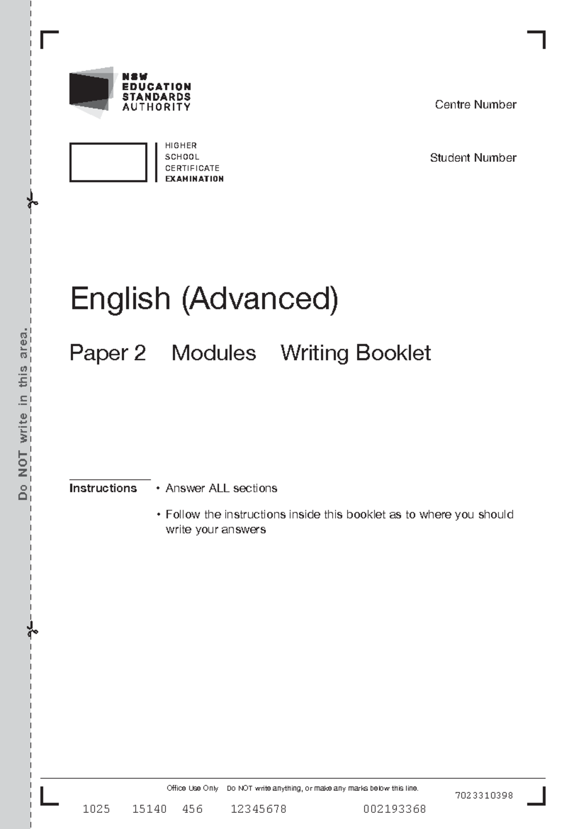 HSC English Advanced Paper 2 Writing Booklet Instructions & Format ...