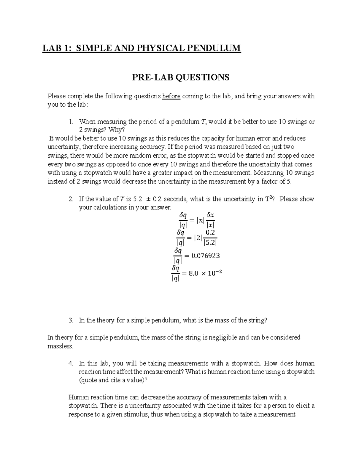 LAB 1: Pre-Lab Assignment on Simple & Physical Pendulums - Studocu