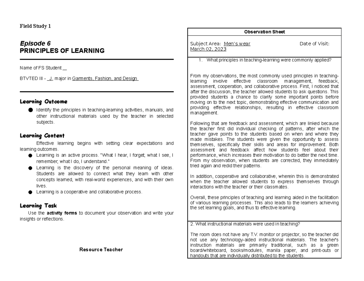 FS 1 Episode 6 - FIELD STUDY 1 - Field Study 1 Episode 6 PRINCIPLES OF ...
