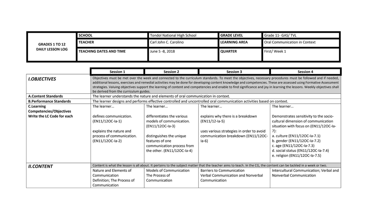 Daily Lesson Log for Oral Communication in Context (Grade TVL) - Studocu