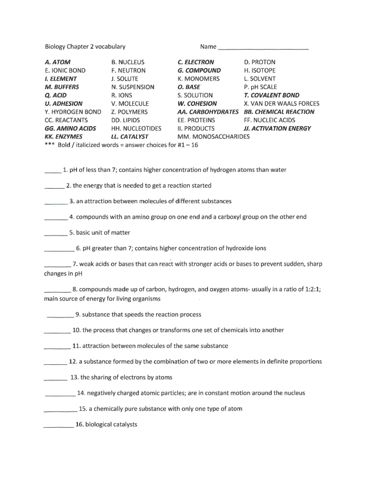 Chapter 2 Vocabulary Study Guide - Biology - Studocu