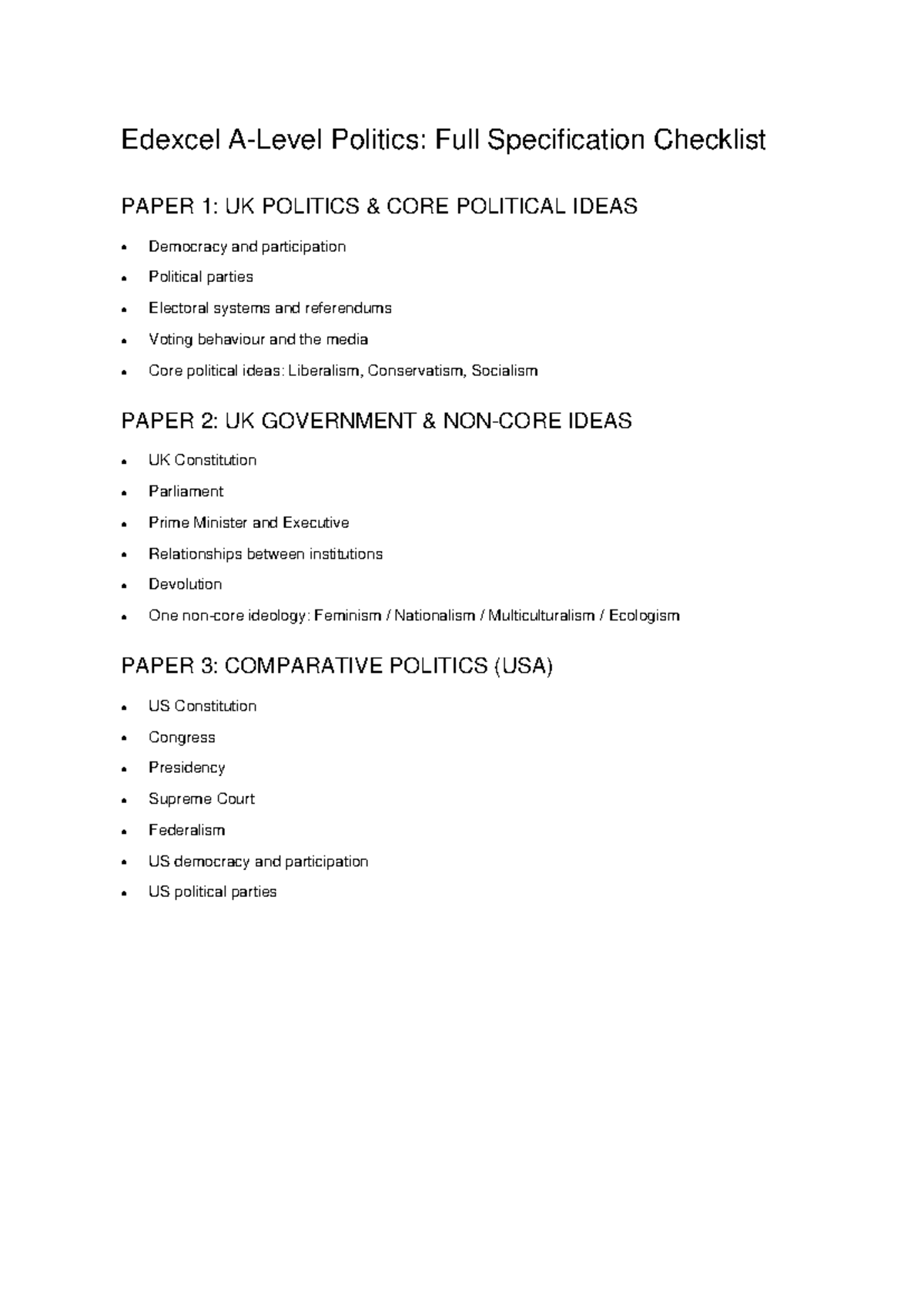 Edexcel A Level Politics Full Specification Checklist - Edexcel A-Level ...